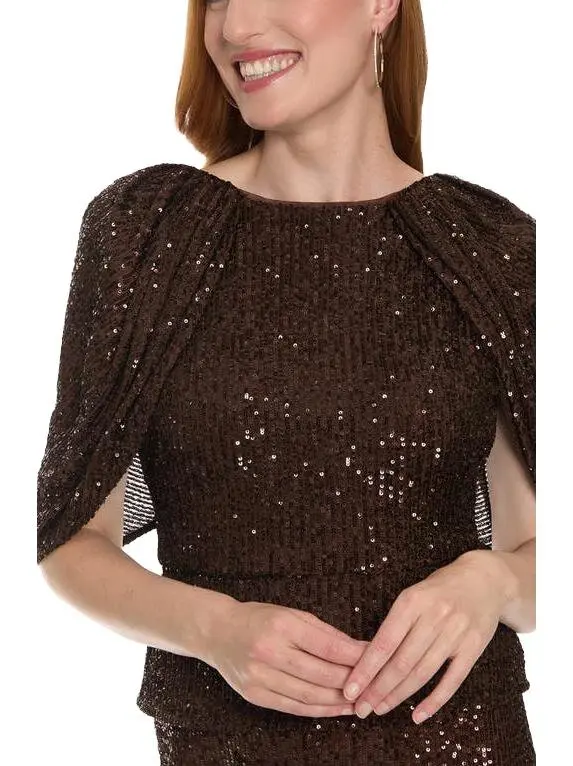Maggy London Sequin Drape Sleeve Top - Chocolate