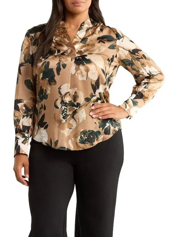 Anne Klein Pleated Front V-neck Long Sleeve Top - Light Coffee Multi