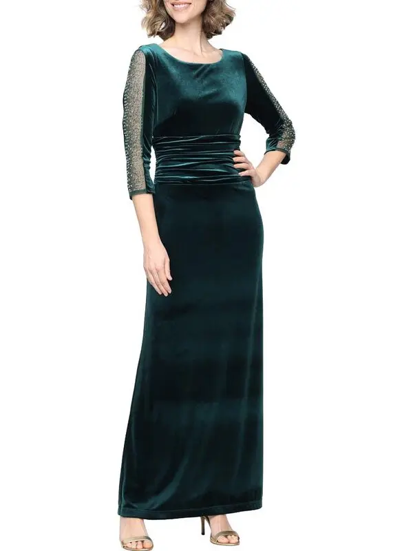 SL FASHIONS Beaded Sleeve Stretch Velvet Gown - Forest
