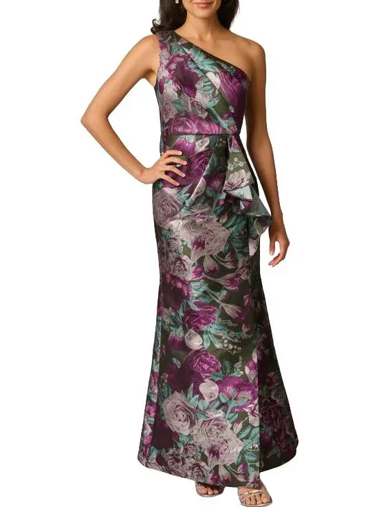 Adrianna Papell One-shoulder Metallic Floral Jacquard Mermaid Gown - Green Multi