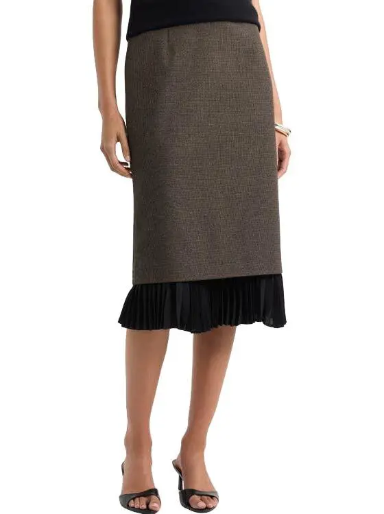 Nordstrom Patterned Pleat Trim Midi Skirt - Black- Brown Micro Check
