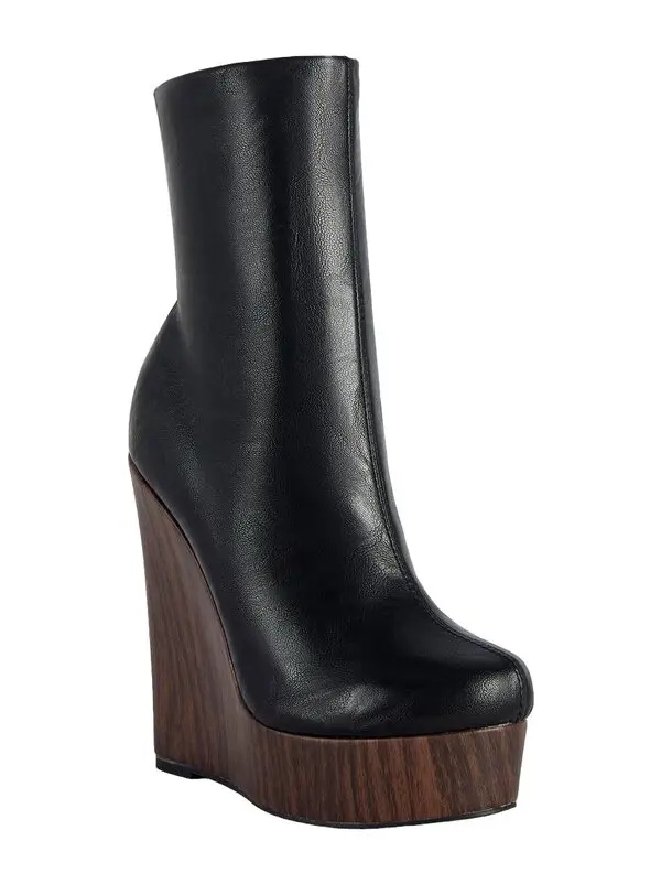 AZALEA WANG Road Faux Leather Platform Wedge Bootie - Black