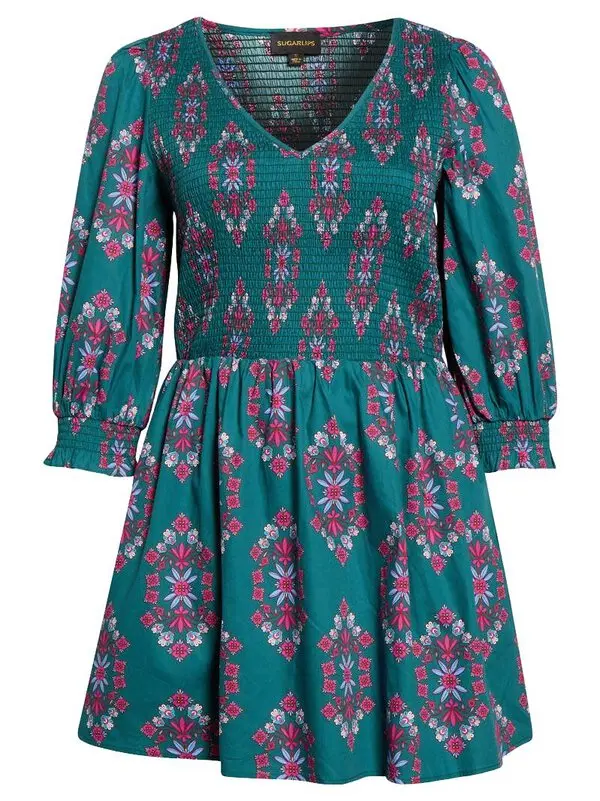 SUGARLIPS Isme Floral Smocked Cotton Fit & Flare Midi Dress - Teal-pink