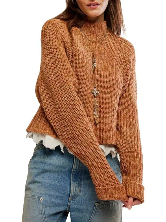 Free People Low Tide Mock Neck Sweater - Cinnamon Spice