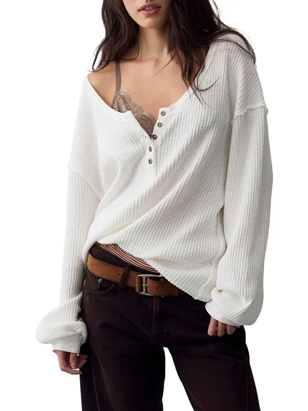 Free People Montreal Henley Thermal Top - Clean Ivory