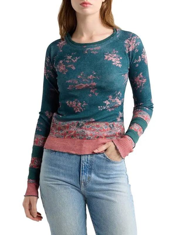 Free People Easy Does It Floral Rib Stretch Cotton Top - Lagoon Combo