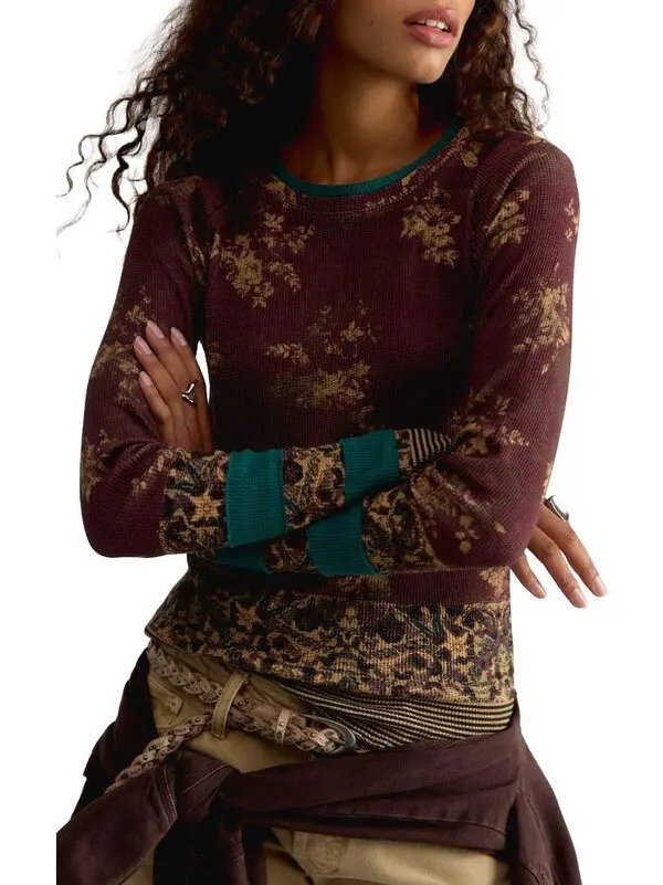 Free People Easy Does It Floral Rib Stretch Cotton Top - Wine Combo