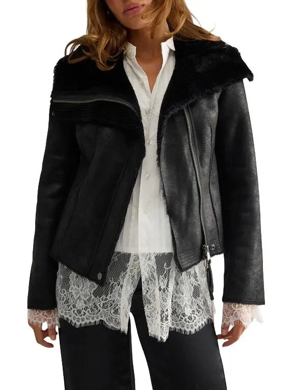 Free People Fourline Faux Leather Jacket With Faux Shearling Lining - Black