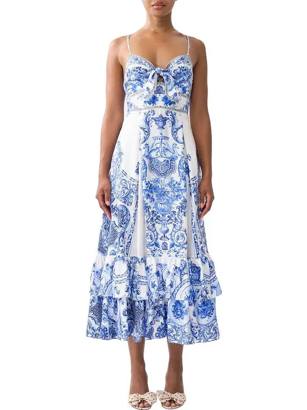 Camilla Ruffle Hem Tie Front Midi Dress - Ceramic Panoramic