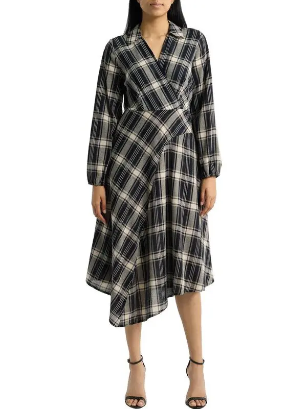 CITY BLUES Long Sleeve Asymmetric Plaid Shirtdress - Black