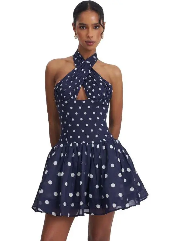 MISS CIRCLE NEW YORK Yamina Polka Dot Ramie Crossover Halter Gathered Mini Dress - Navy