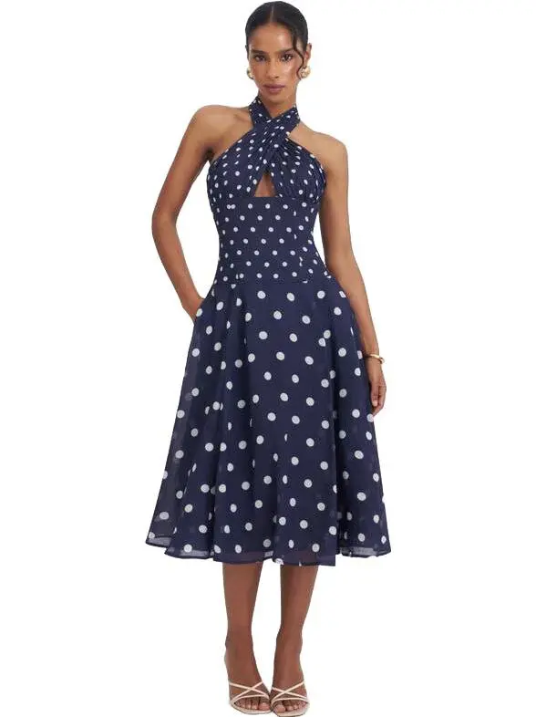 MISS CIRCLE NEW YORK Nuri Polka Dot Ramie Crossover Halter A-line Midi Dress - Navy