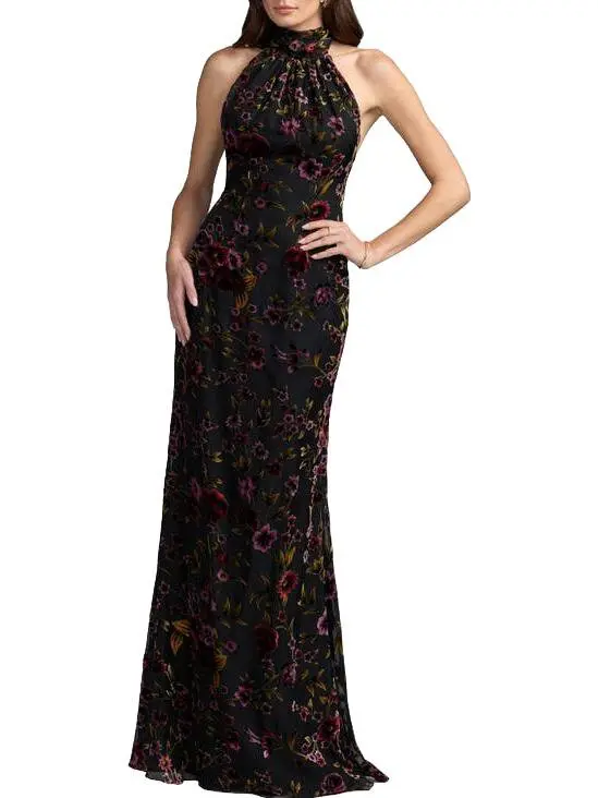 Mac Duggal Sleeveless Velvet Halter Neck Gown With Drape - Black Multi