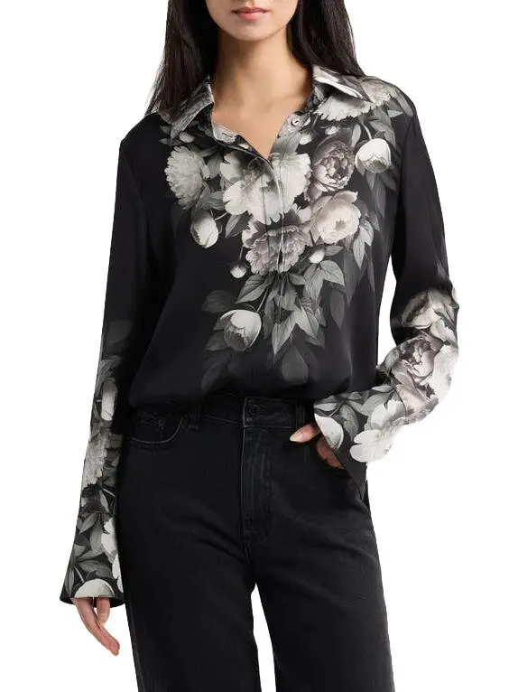 Kobi Halperin Kit Placed Floral Stretch Silk Georgette Button-up Shirt - Black Multi
