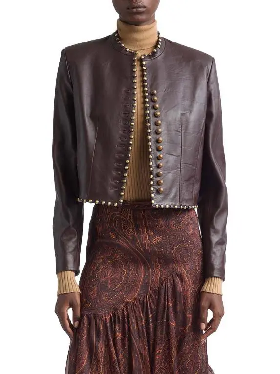 Etro Crop Studded Leather Jacket - Bordeaux