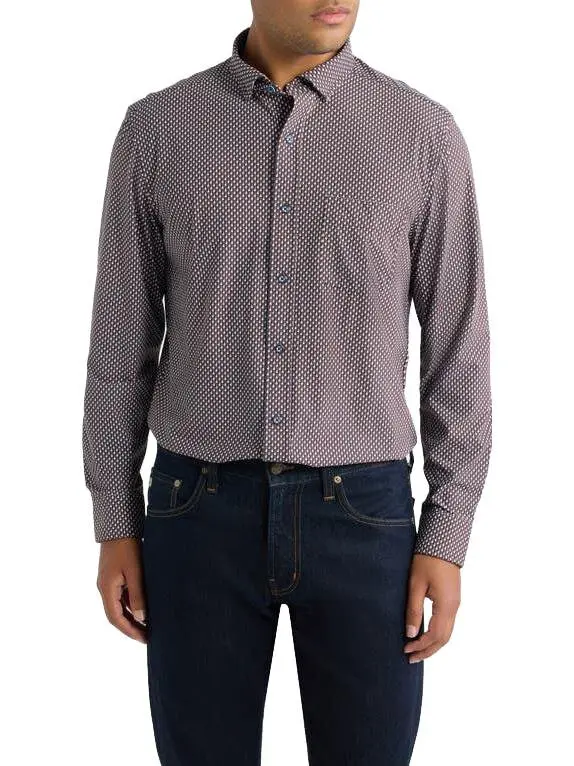 Johnston & Murphy Xc+™ Motion Microprint Knit Button-up Shirt - Rust/navy Stacked Triangle