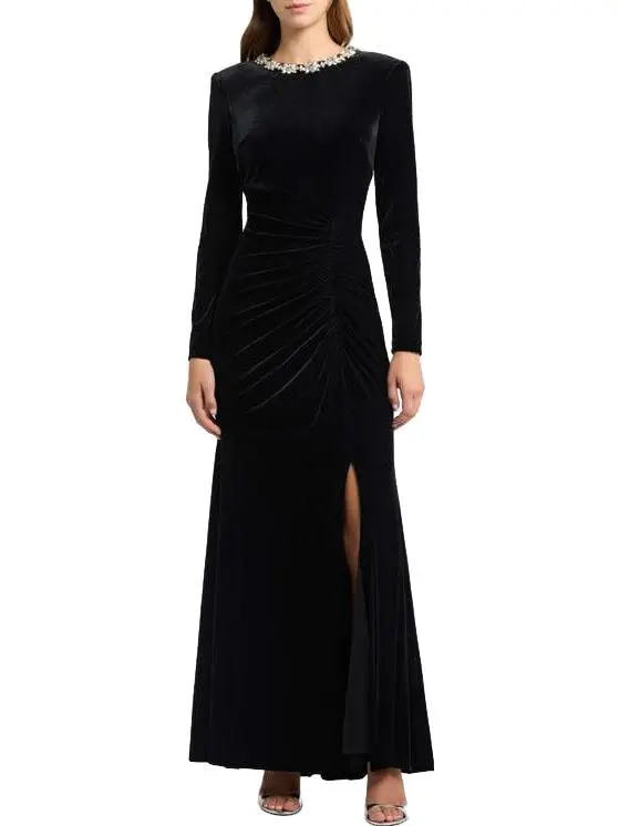 Eliza J Rhinestone Detail Long Sleeve Velvet Gown - Black