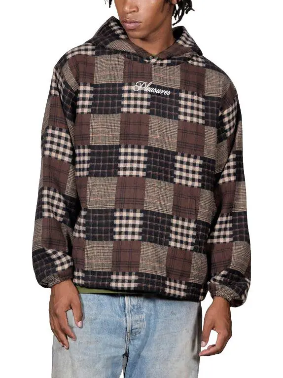 PLEASURES Madras Plaid Patchwork Pullover Hoodie - Brown