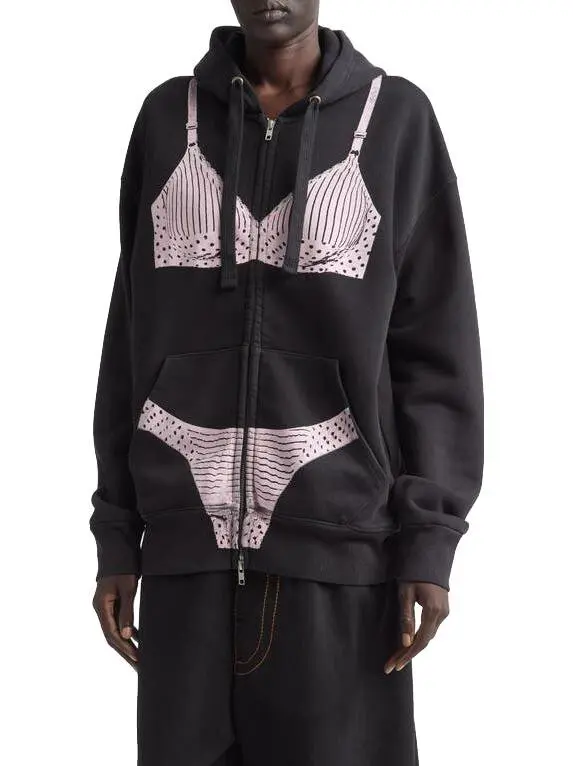 Vaquera Oversize Trompe L'oeil Lingerie Zip Graphic Hoodie - Black