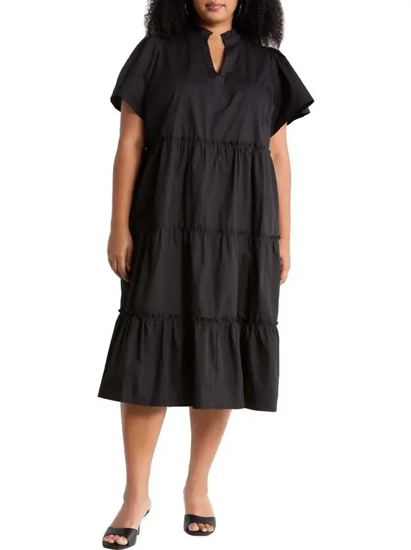 SUGARLIPS Noelle Split Neck Tiered Cotton Dress - Black
