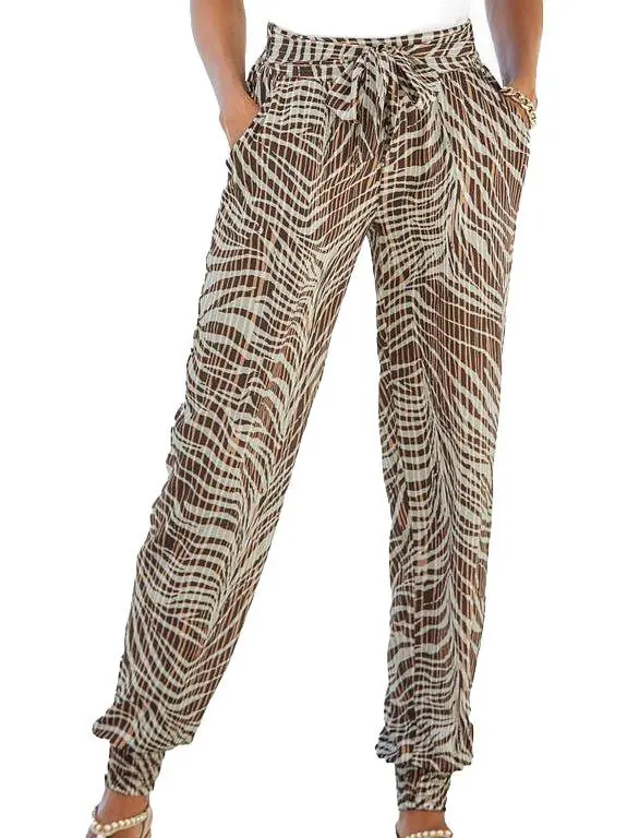 LASCANA Patterned Tie Waist Jogger Pants - Brown Multi