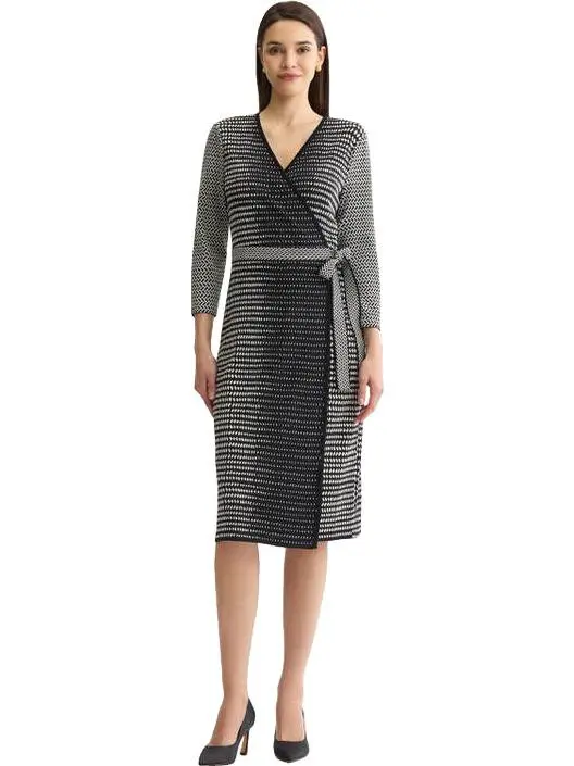 Ming Wang Monochrome Soft Knit Midi Wrap Dress - Black/ivory
