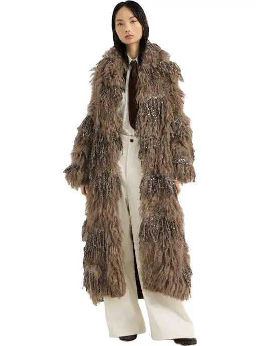 Brunello Cucinelli Dazzling Moss Embroidery Long Cardigan In Mohair And Wool - Light Brown