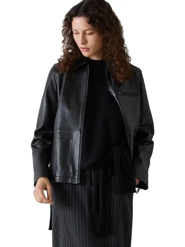 Whistles Kate Zip Leather Jacket - Black
