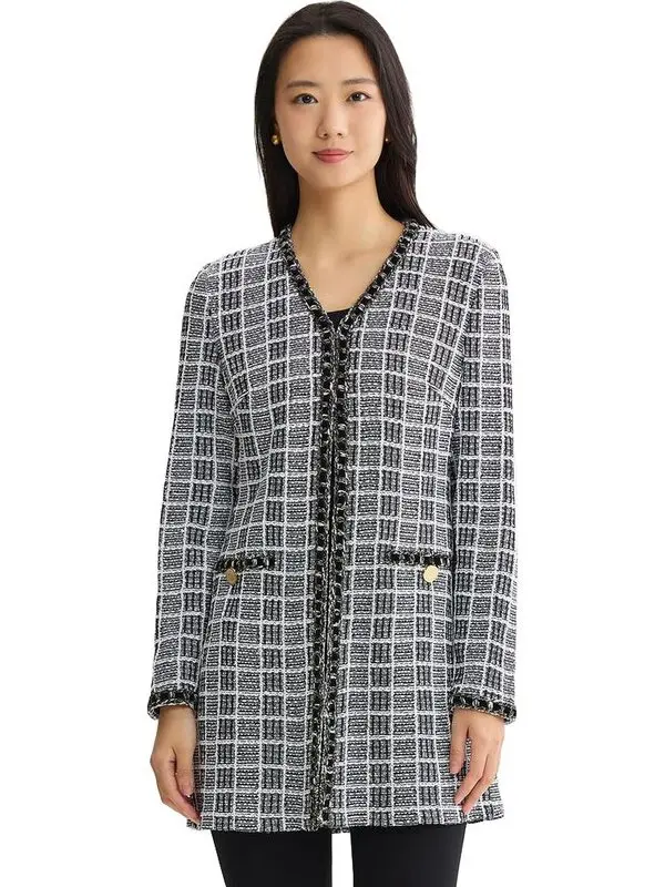 Misook Heritage Velvet Ribbon Trim Plaid Knit Jacket - Black/white