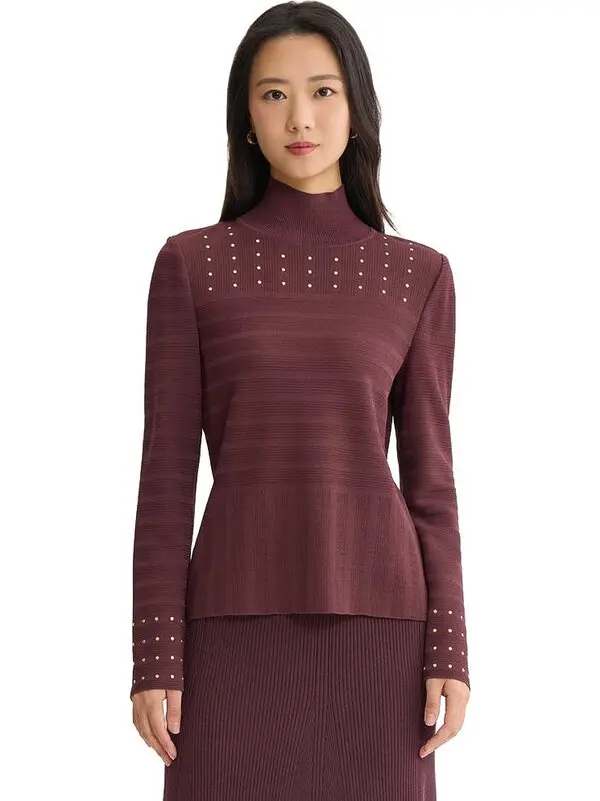 Misook Studded Mock Neck Ribbed Knit Top - Mahogany