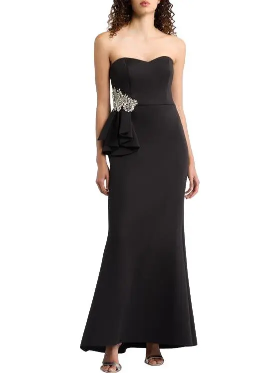 Eliza J Rhinestone Ruffle Detail Sweetheart Strapless Gown - Black