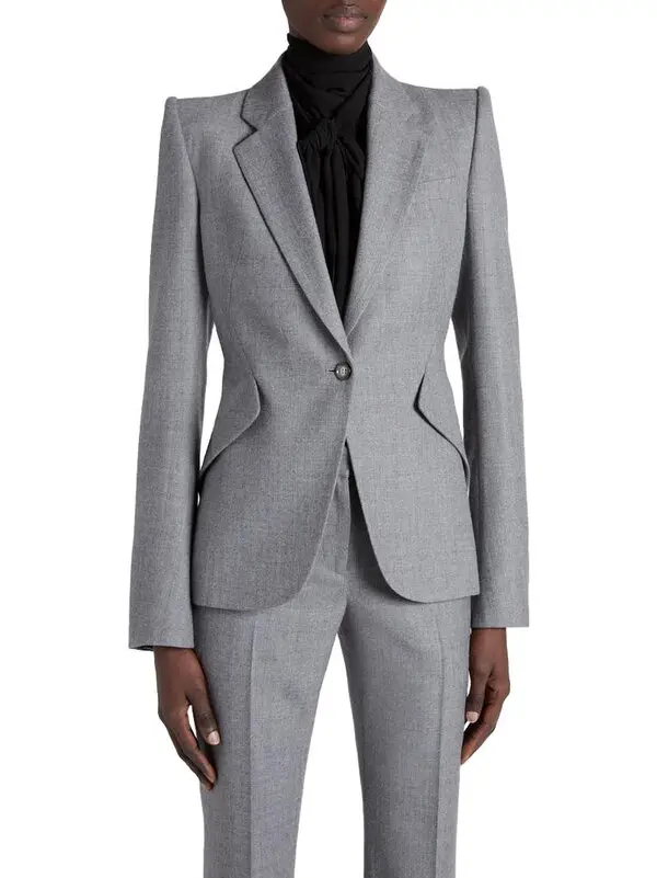 Alexander McQueen Single Button Wool Jacket - Grey Melange