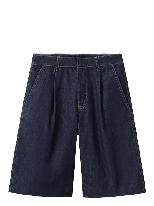 Mango Pleated Denim Bermuda Shorts - Open Blue