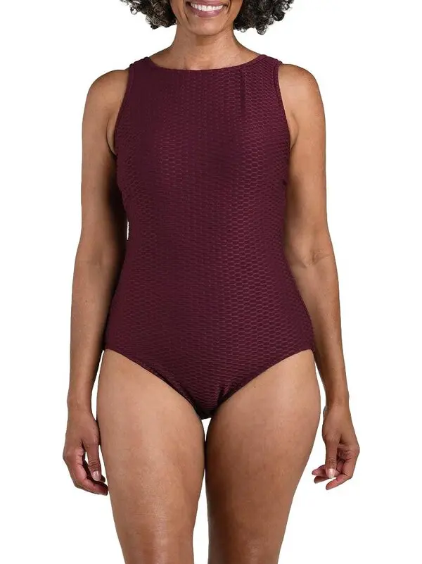 MAXINE OF HOLLYWOOD Textured High Neck One Piece Swimsuit - Wine