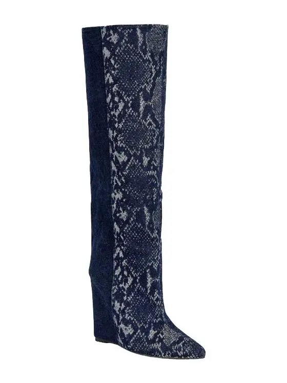 AZALEA WANG Gianna Snake Print Wedge Knee High Boot - Denim
