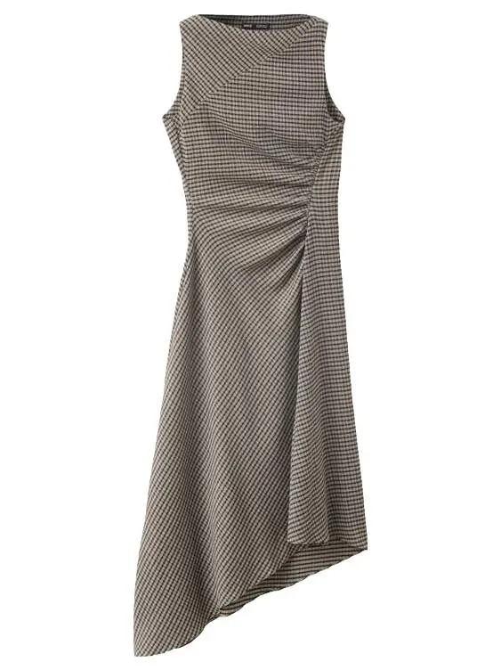Mango Check Asymmetric Hem Dress - Brown