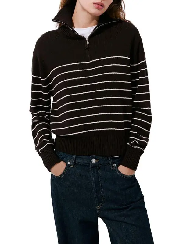 Mango Striped Cotton Half Zip Sweater - Brown