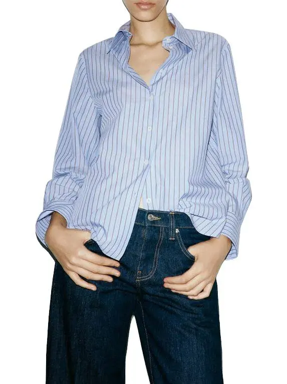 Mango Stripe Cotton Blend Poplin Button-up Shirt - Blue
