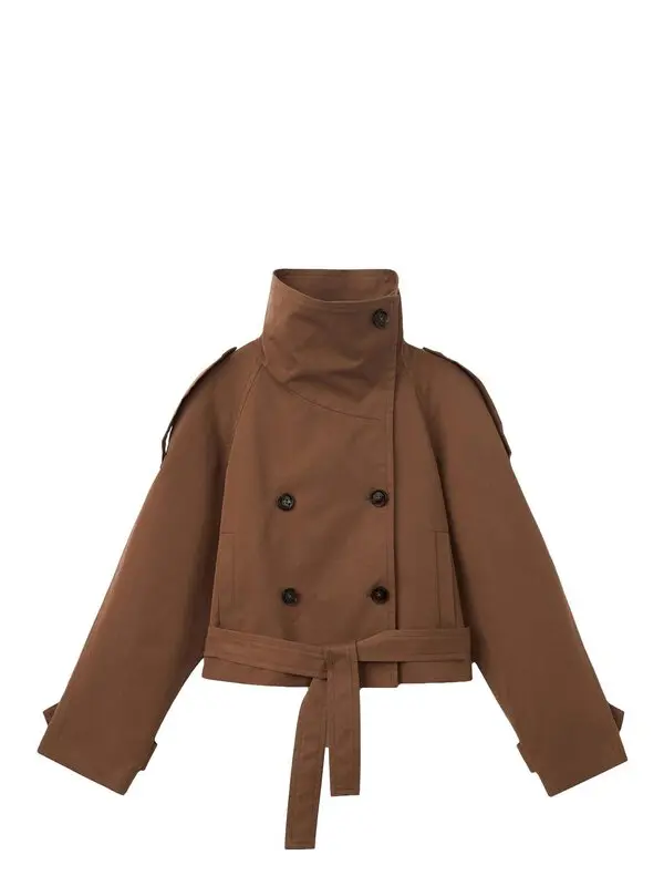 Mango Double Breasted Crop Cotton Blend Trench Coat - Brown