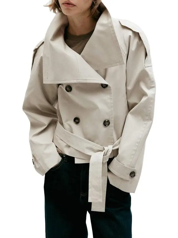 Mango Double Breasted Crop Cotton Blend Trench Coat - Light/pastel Grey