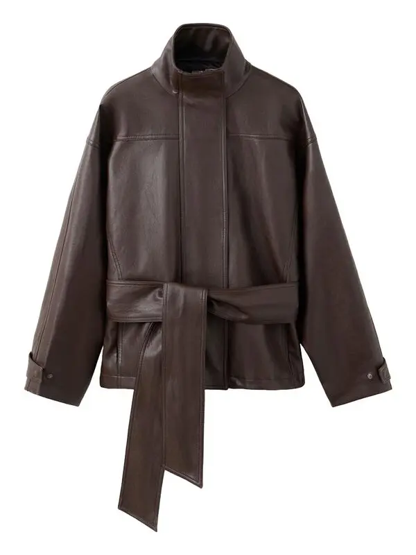 Mango Oversize Belted Faux Leather Jacket - Chocolate
