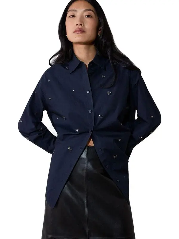 Whistles Embellished Poplin Shirt - Navy/multi