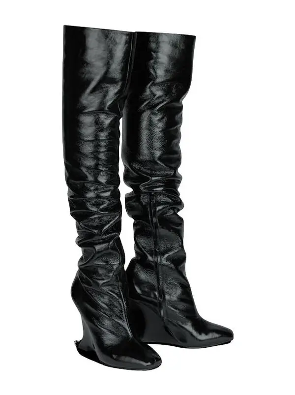 Balmain Thigh-high Wedge Boots In Crinkled Patent Leather - Black