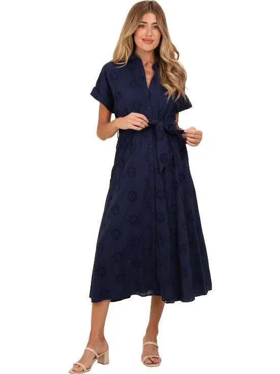 PINKBLUSH Eyelet Lace Waist Tie Shirt Dress - Navy Blue