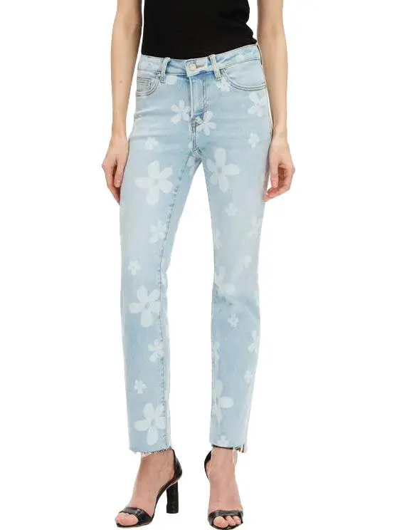 BAYEAS Floral Print Mid Rise Straight Leg Jeans - Light Blue