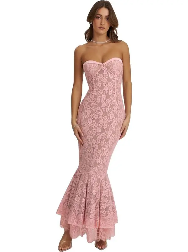 MISS CIRCLE NEW YORK Rosalyn Lace Sweetheart Maxi Mermaid Dress - Pink
