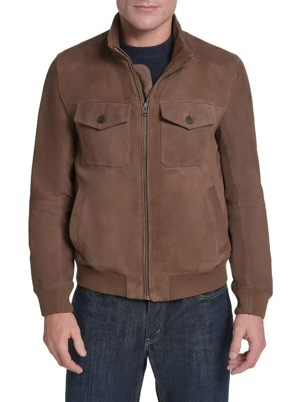 Cole Haan Suede Bomber Leather Jacket - Walnut