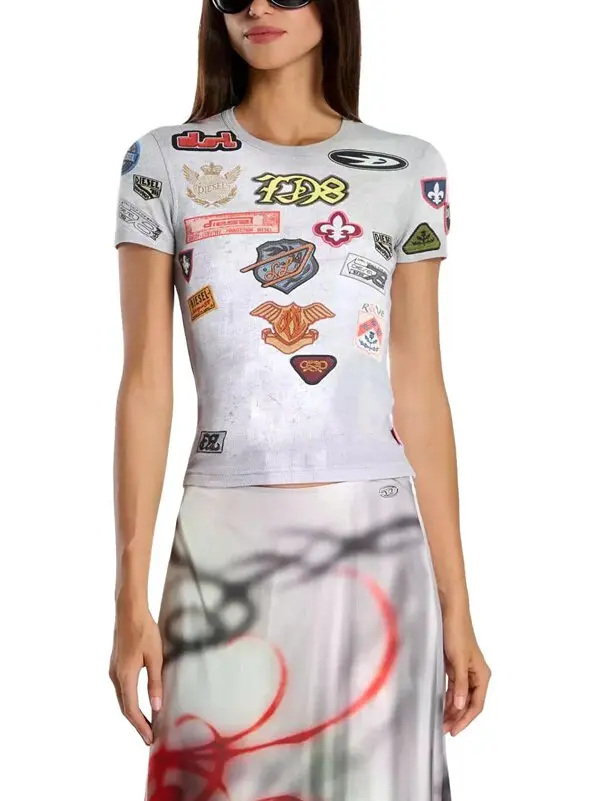 DIESEL® Ribbed Cotton Top With Trompe L'oeil Patches - Grey