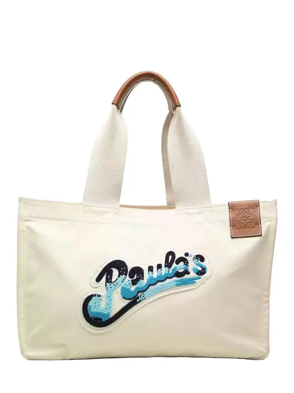 Loewe 2020 Paulas Ibiza Canvas Beach Cabas Tote Bag - White