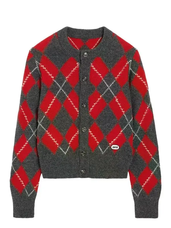AMI Paris Wool Cardigan In Argyle - Grey